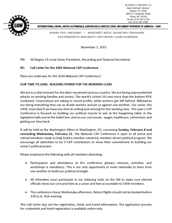 2026 National CAP Conference | UAW Region 1A